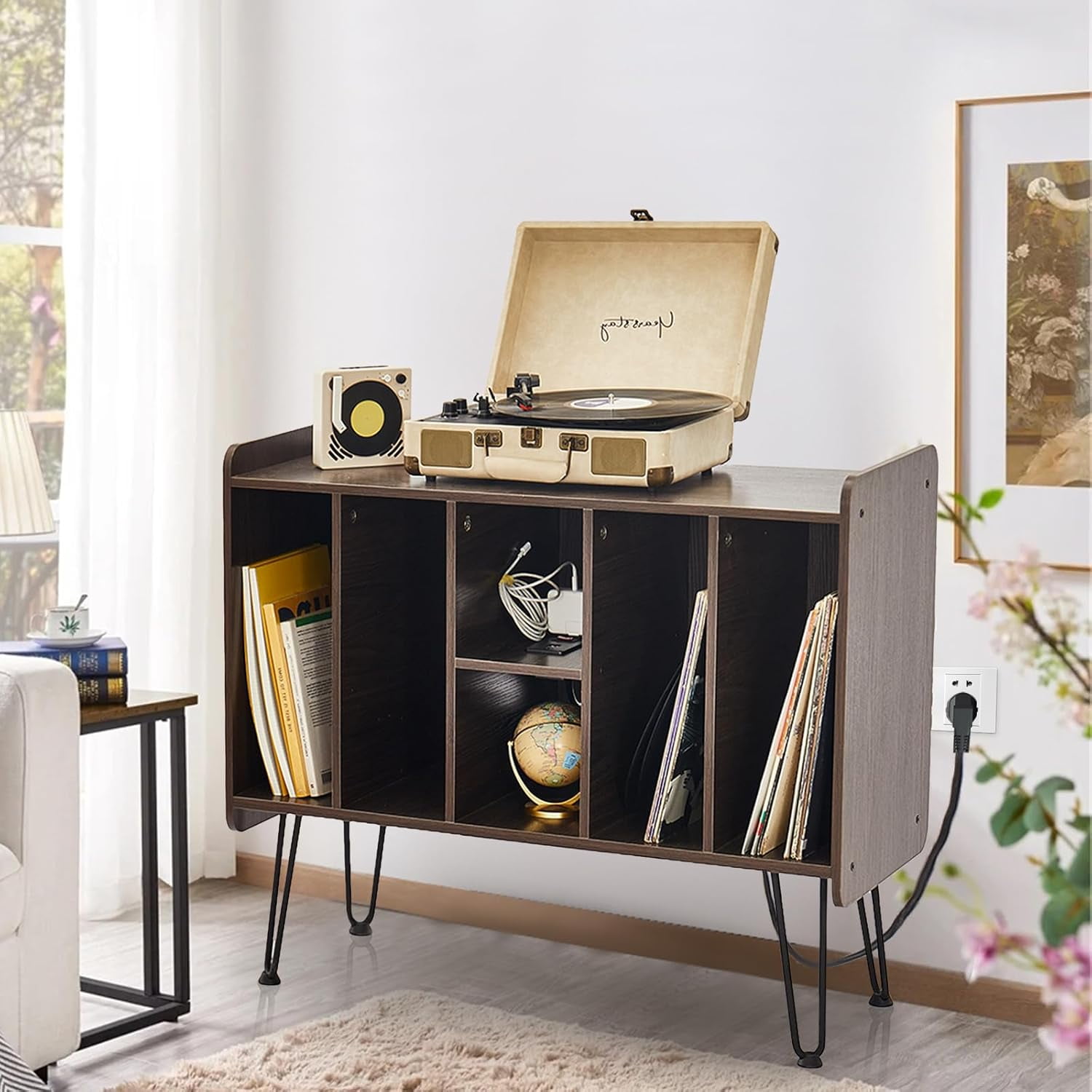 Large Record Player Stand, Record Player Stand with Vinyl Storage, Mid ...