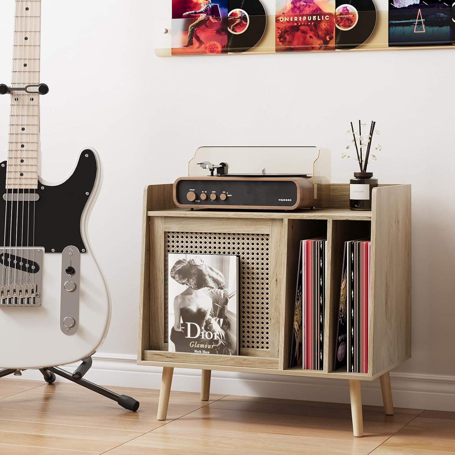 Large Record Player Stand with Storage Cabinet, Vinyl Record Side Table ...