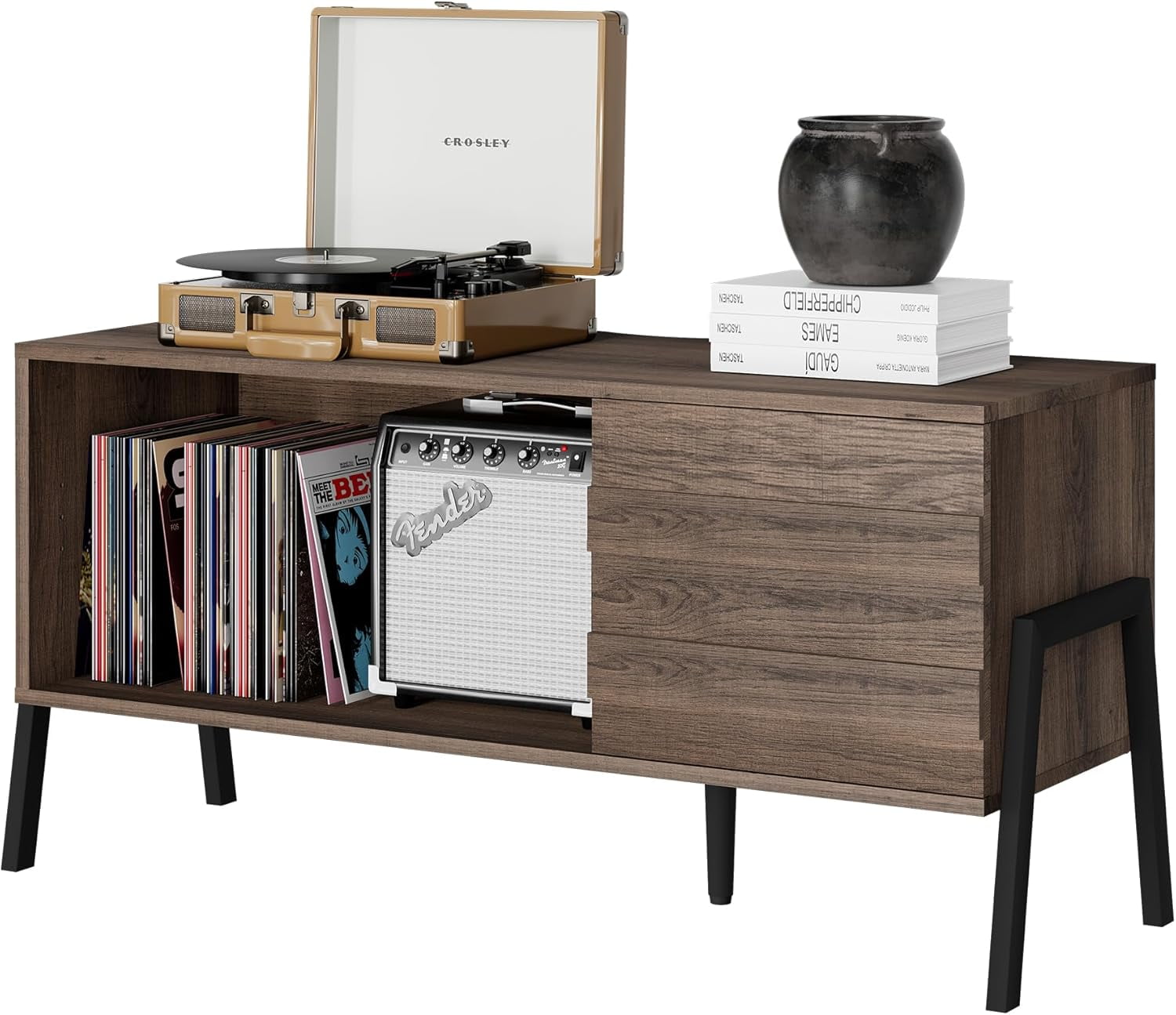 Large Record Player Stand with Vinyl Record Storage, Mid-Century ...