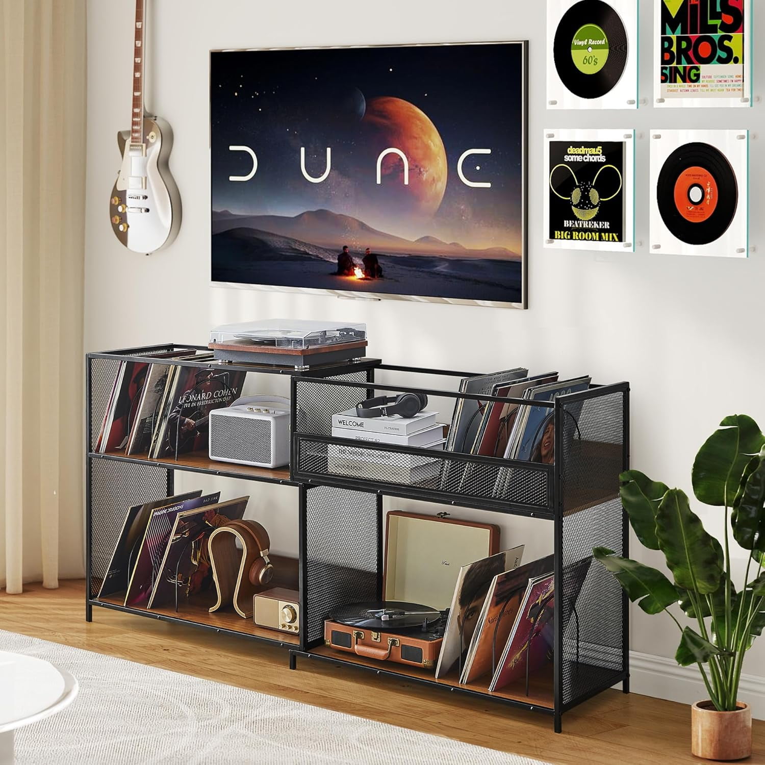 Large Record Player Stand with Vinyl Storage Cabinet, Mid Century ...