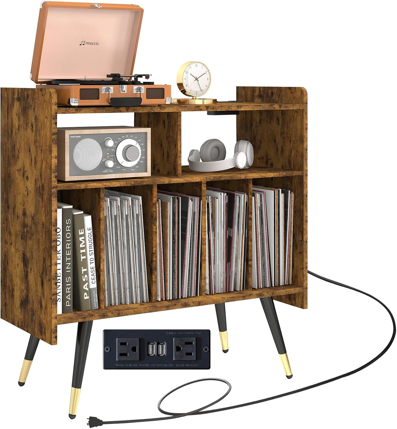 Large Record Player Stand, Vinyl Record Storage Cabinet with Power ...