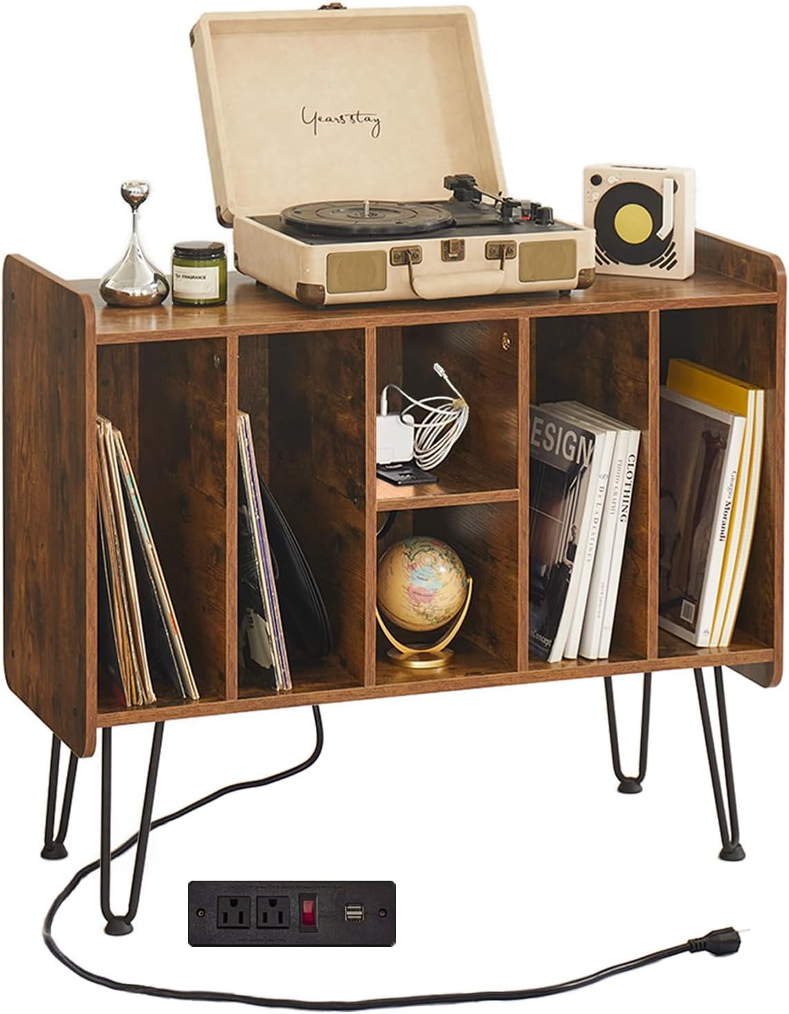 Large Record Player Stand with Vinyl Storage, Retro Brown Record Player ...