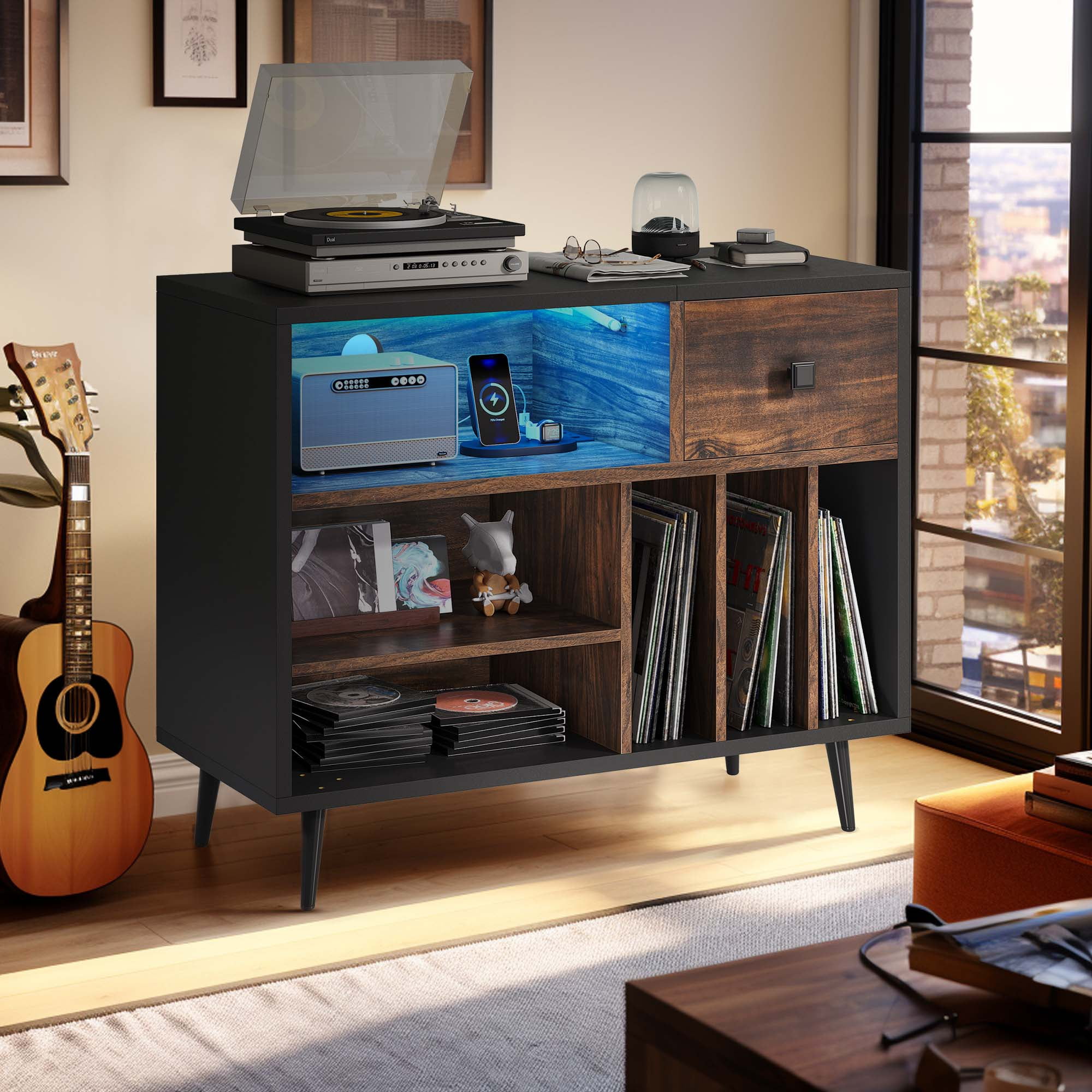 Large Record Player Stand With Power Outlets and LED Light, Turntable ...