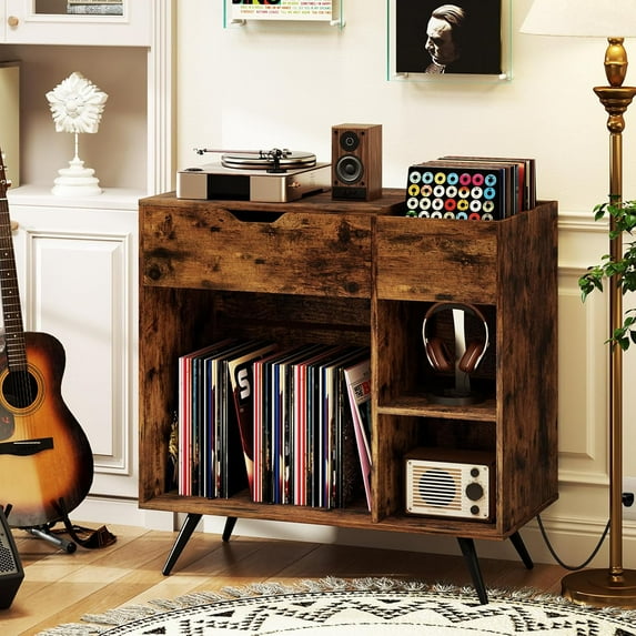 Large Record Player Stand with Charging Station & Drawer - Mid Century ...
