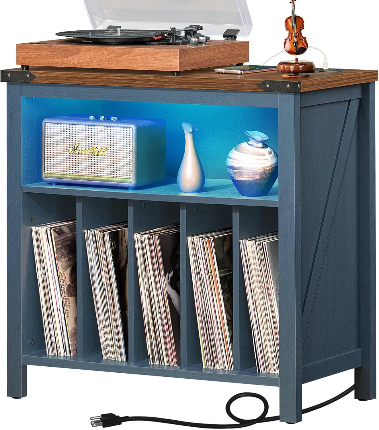 Large Record Player Table with Charging Station & LED Lights, Blue ...
