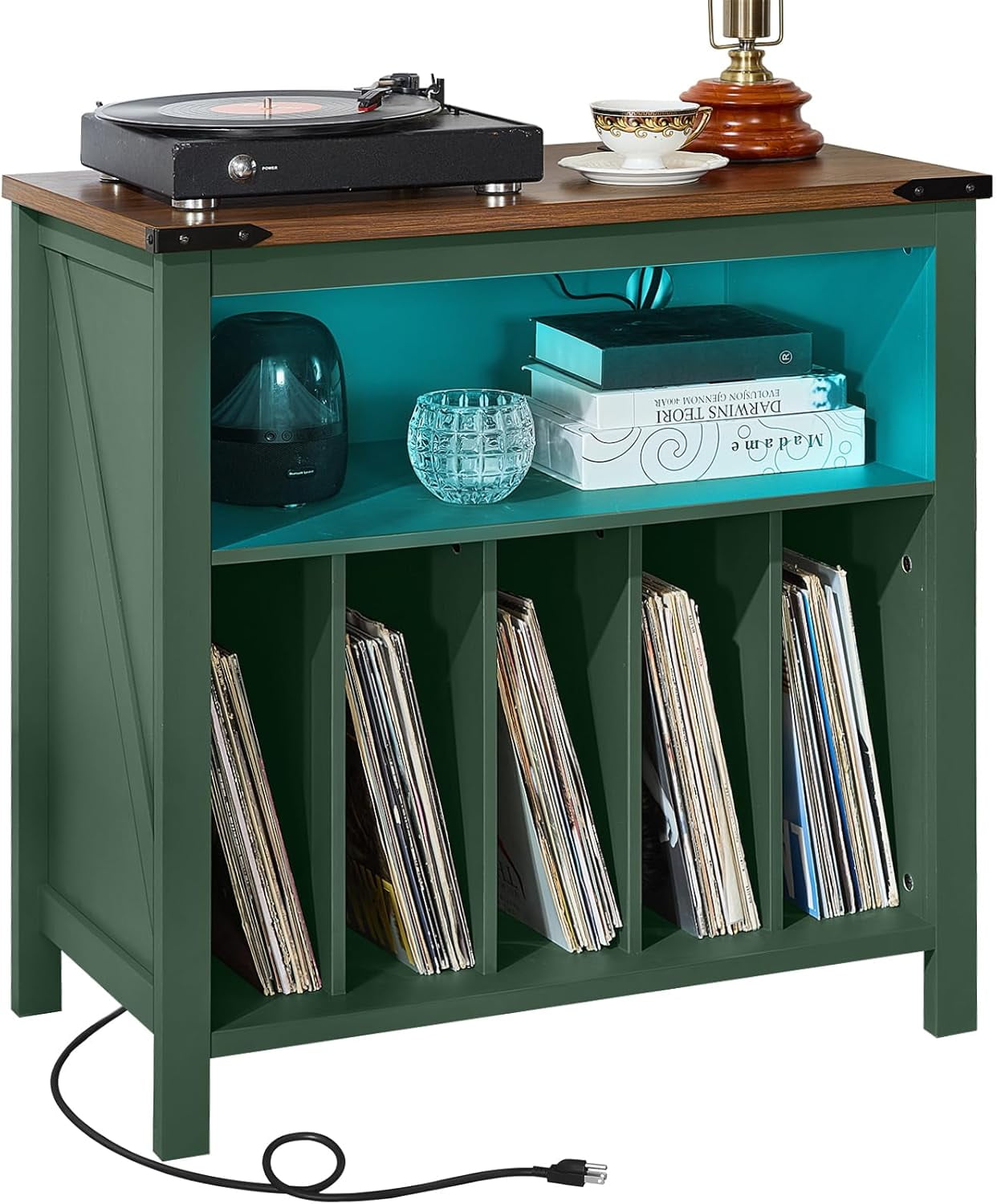 Large Record Player Table with Charging Station & LED Lights, Green ...