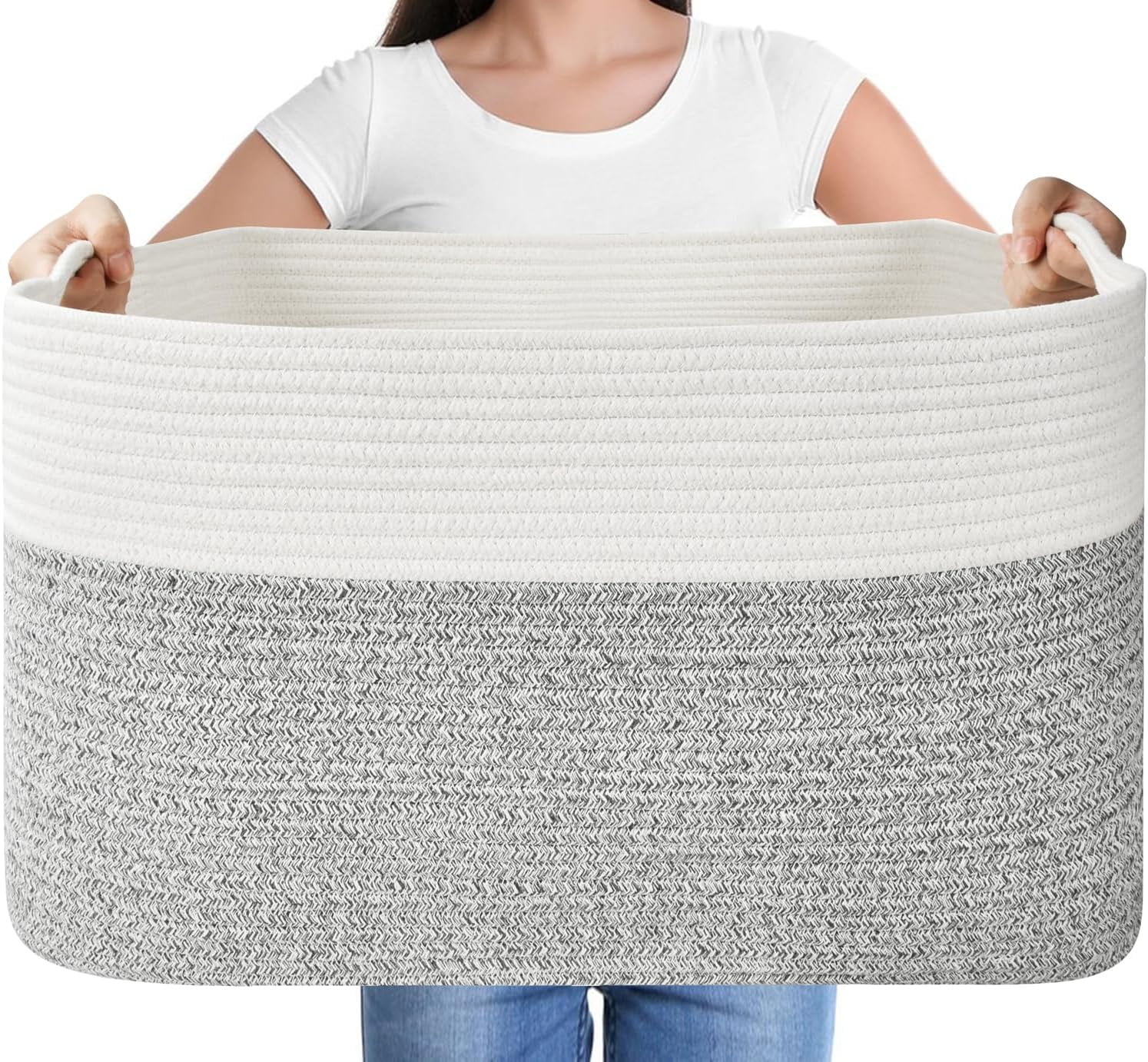 Large Rectangle Woven Basket for Blankets and Toys, Cotton Rope Storage ...