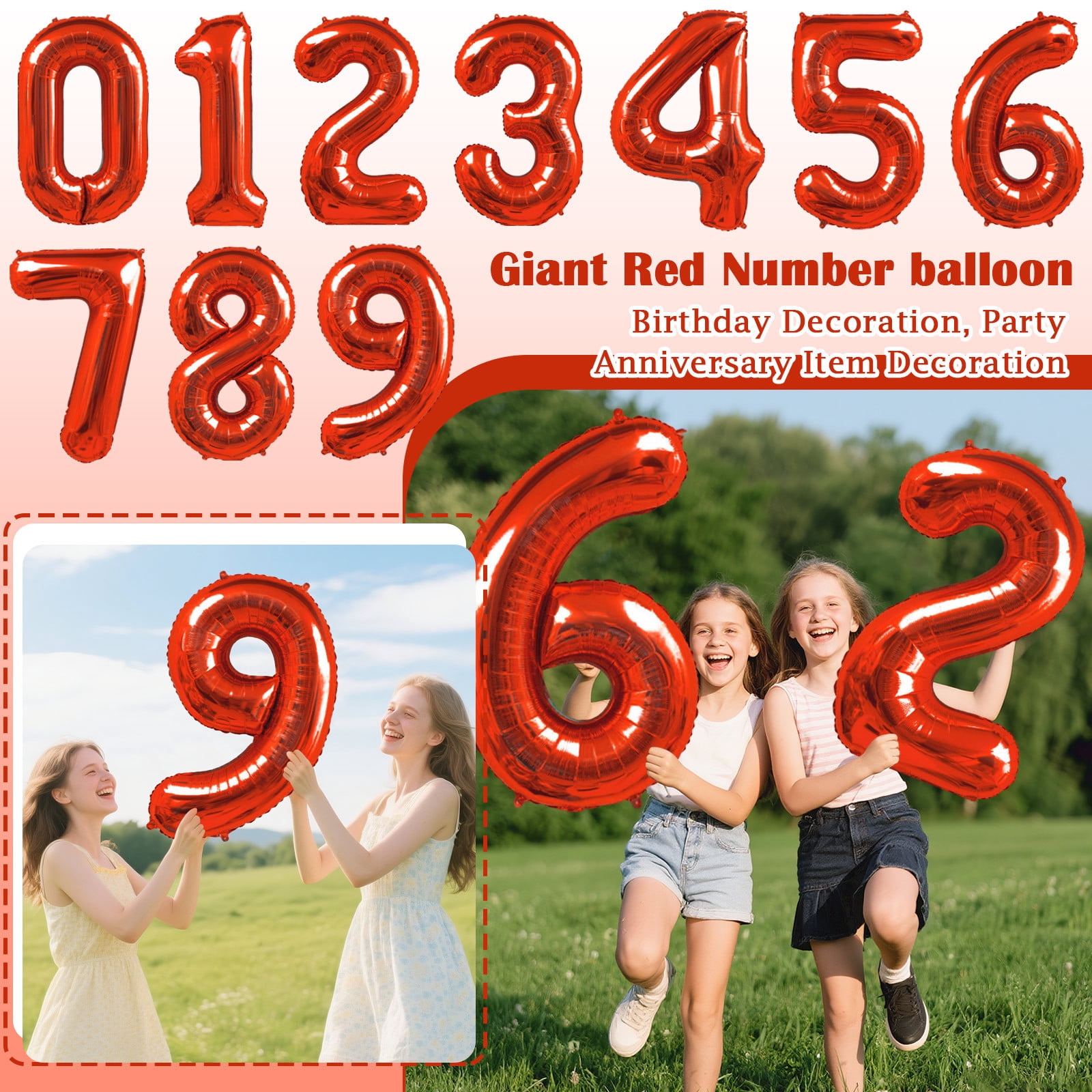 Large Red Foil Number 0-9 Balloon, 40 Inch Helium Air Inflatable Mylar ...