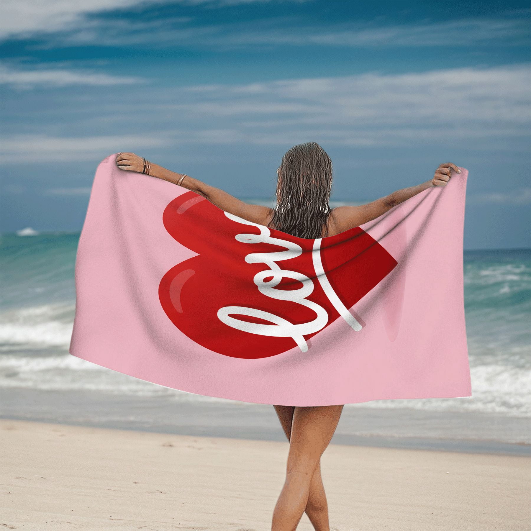 Large Red Heart Beach Towel - Soft Pink Background ' Love ' in White ...
