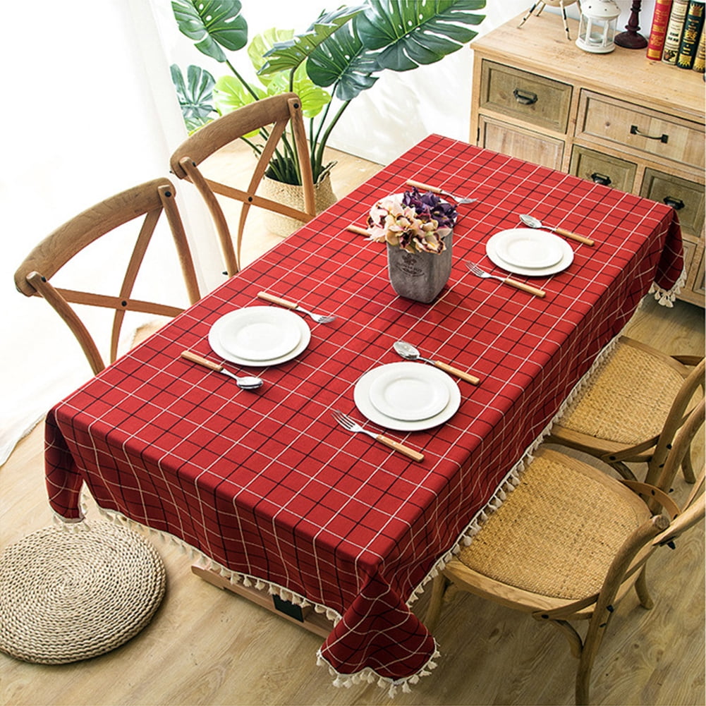 Large Red Plaid Printing with Tassel Lace Rectangle Table Cover ...