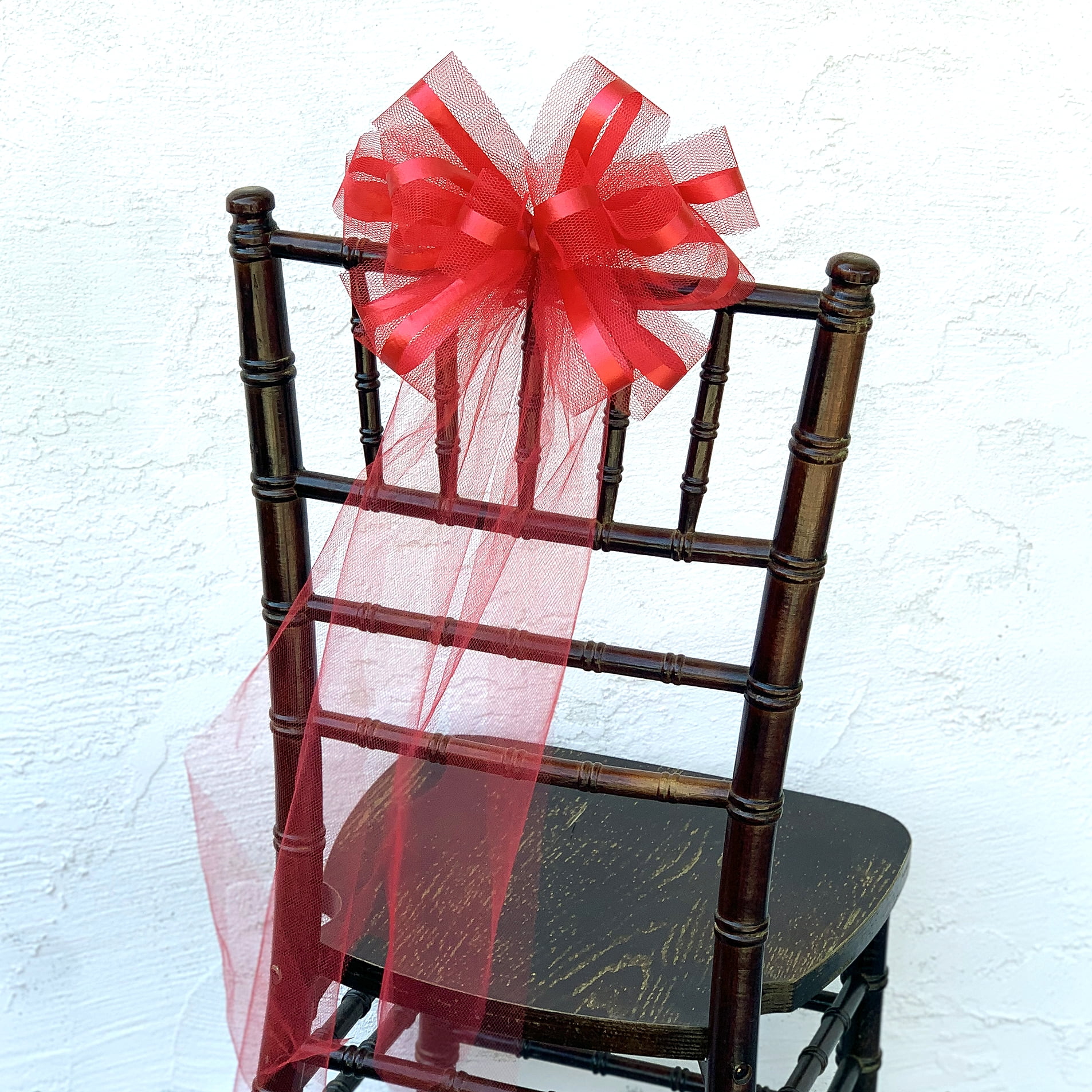 Large Red Tulle Ribbon Assembled Pew Bows - 10" Wide, Set of 6, Wedding ...