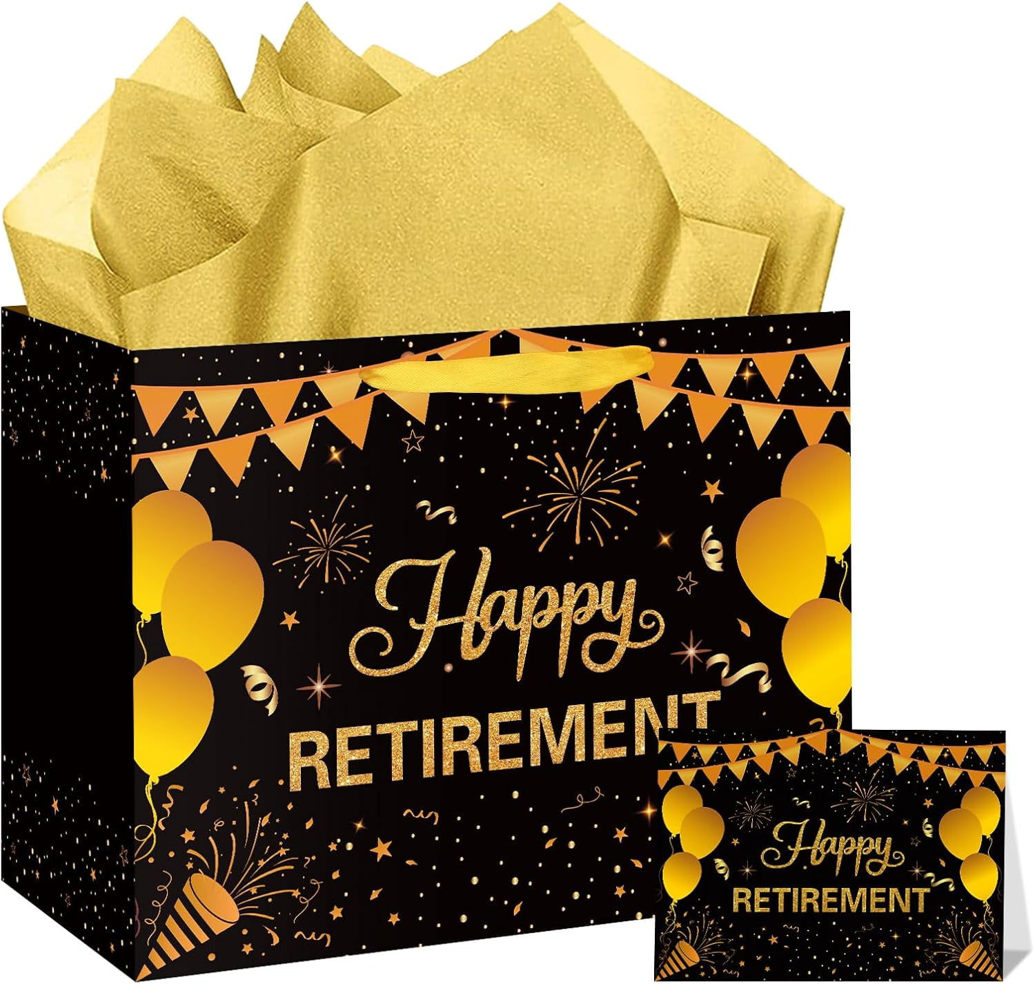Large Retirement Gift Bag Black Gold Happy Retirement Party Gift Bag with Handles, Wrapping ...