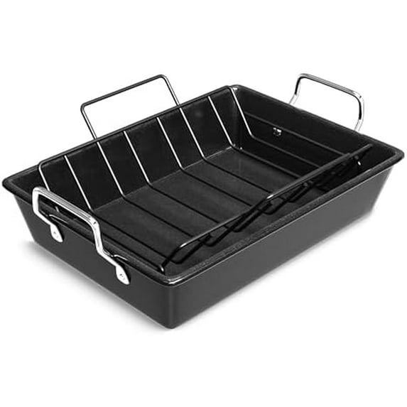 Large Roasting Pan With Rack 17'' x 12'' - Heavy Duty Carbon Steel Nonstick Roaster Pan with U ...