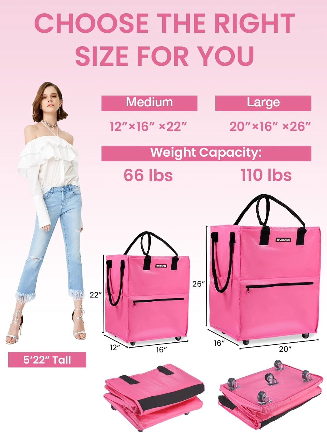 Large Rolling Grocery Bag with 5 Wheels, 36-Gallon Heavy Duty Tote for ...
