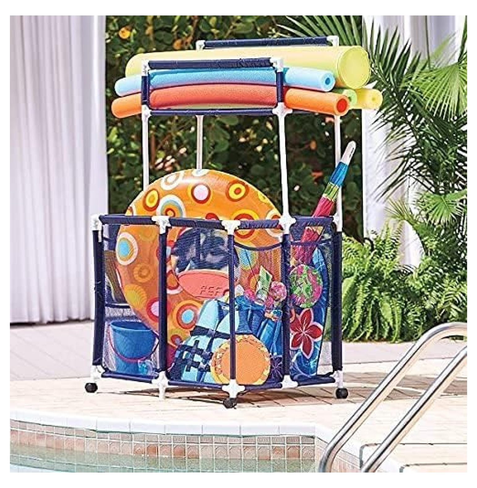 Large Rolling Storage Cart with Shelves and Mesh Basket Organizes Pool ...