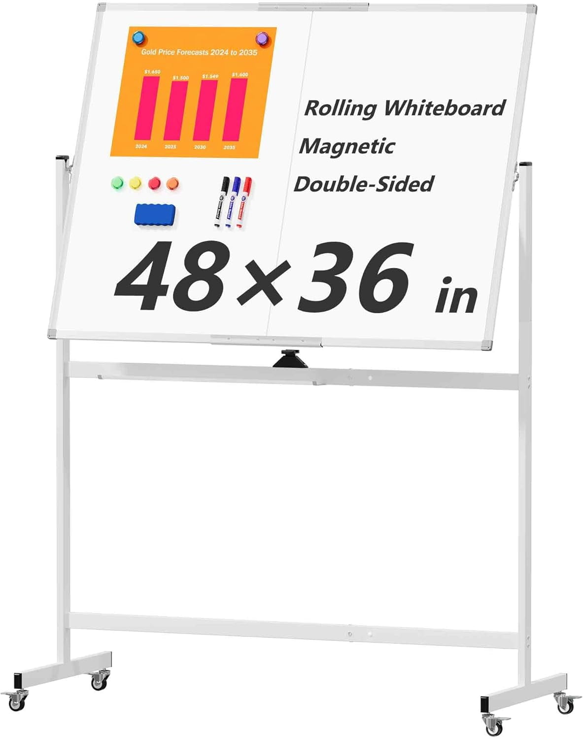 Large Rolling Whiteboard on Wheels, 48" x 36" Double-Sided Mobile White ...
