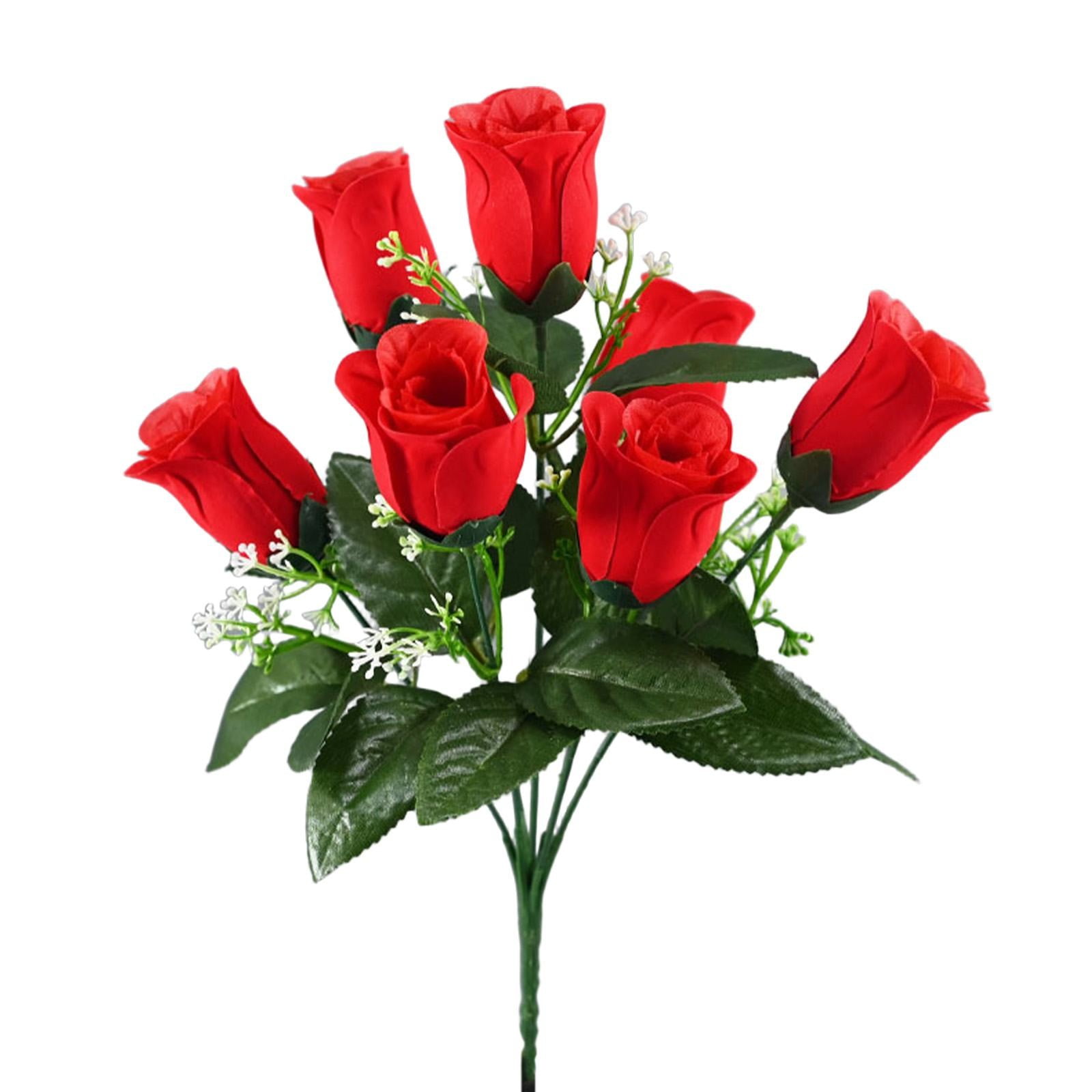Large Rose Bud Bouquet, 1 Pc Artificial Silk Red Rose Bush with Gyp ...