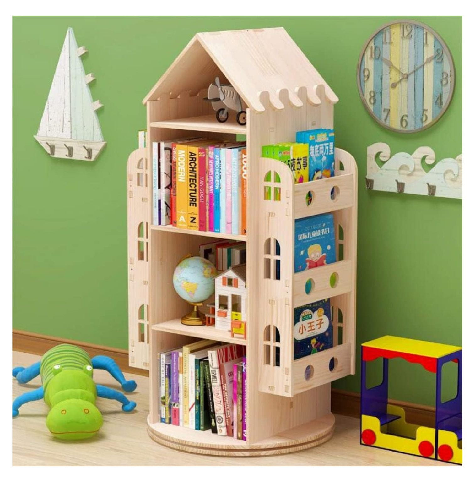 Large Rotating Bookshelf 360 Degree, Wood Castle Bookshelf Bookcase ...