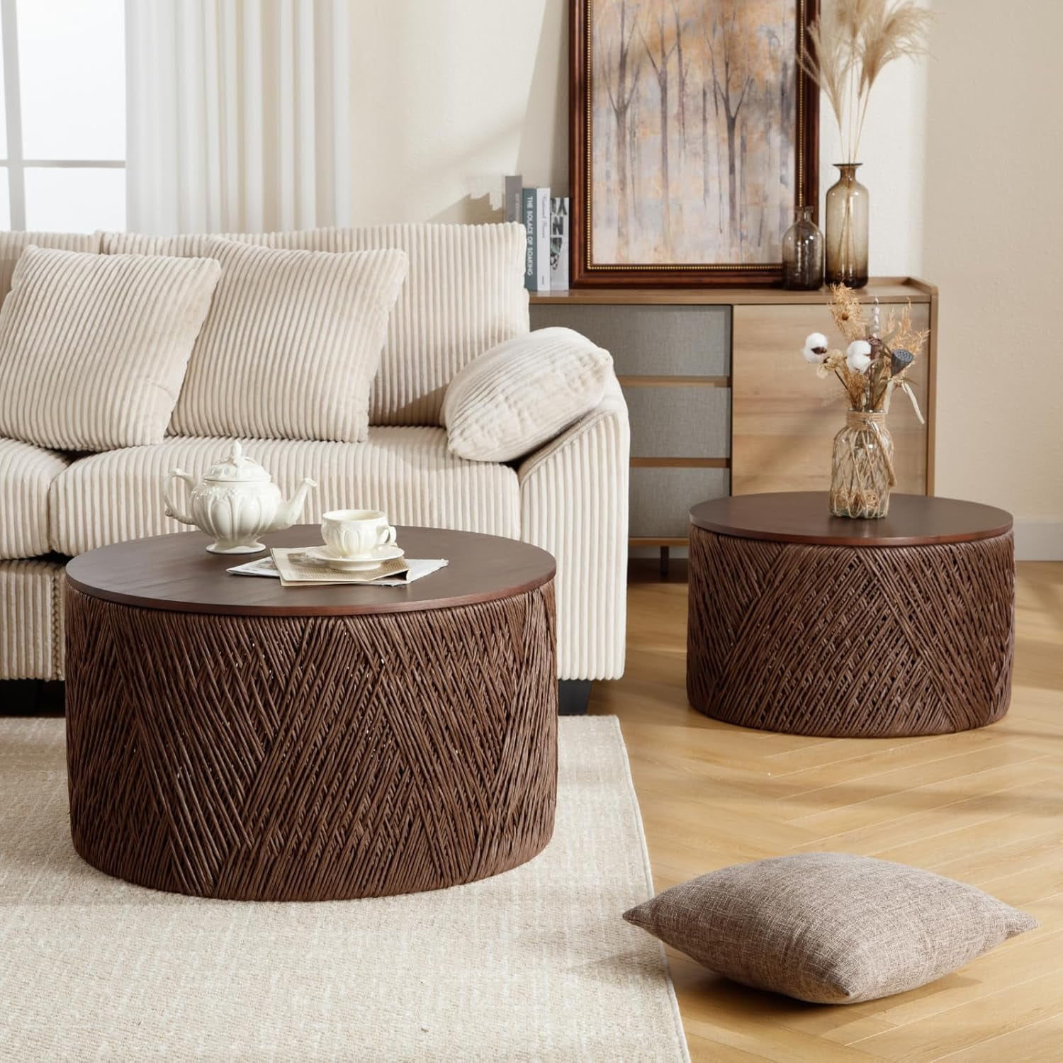 Large Round Coffee Table with Storage, Boho Hand-Woven Rattan Coffee ...