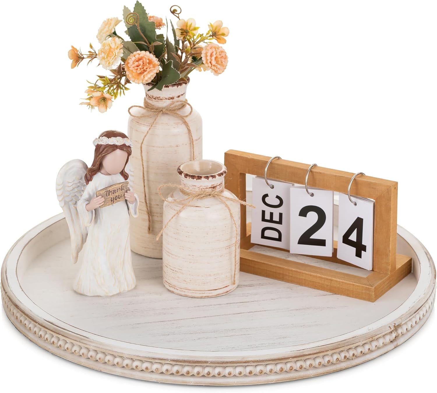 Large Round Decorative Tray: White Coffee Table Centerpiece Beaded ...