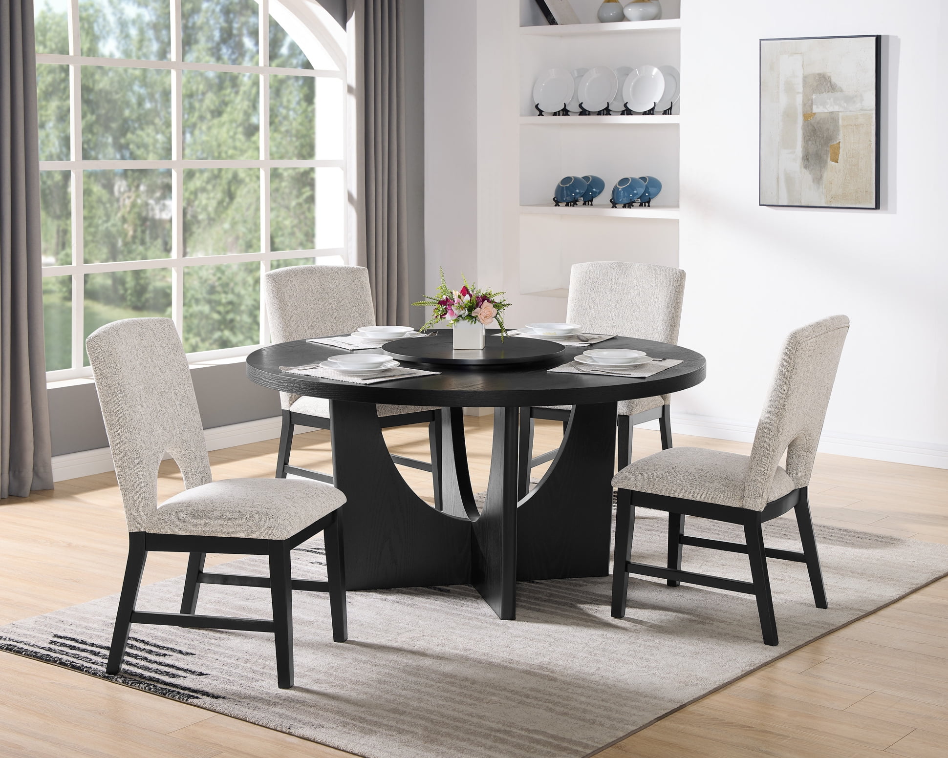 Large Round Dining Table Circular Wood Kitchen Black Finish Table with ...