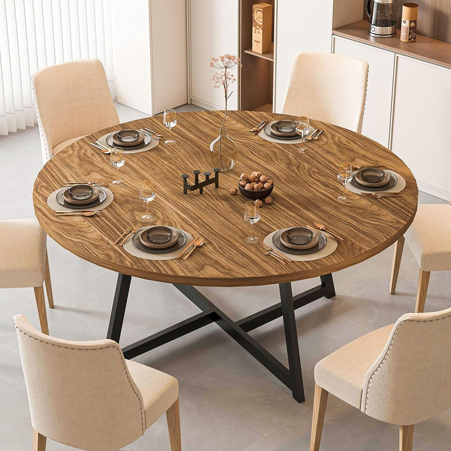 Large Round Dining Table for 6-8, Wooden Dinner Table with Heavy Duty ...