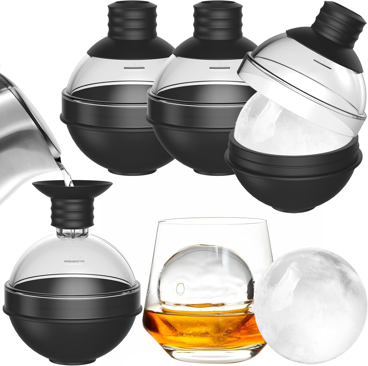 Large Round Ice Ball Maker Mold Silicone For Whiskey - Set Of 4 With 2 ...