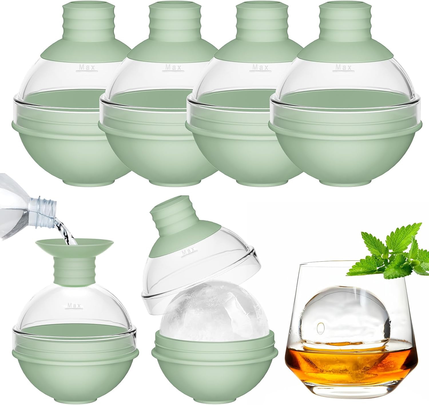 Large Round Ice Ball Maker Mold Silicone for Whiskey - Set of 4 with 2 ...