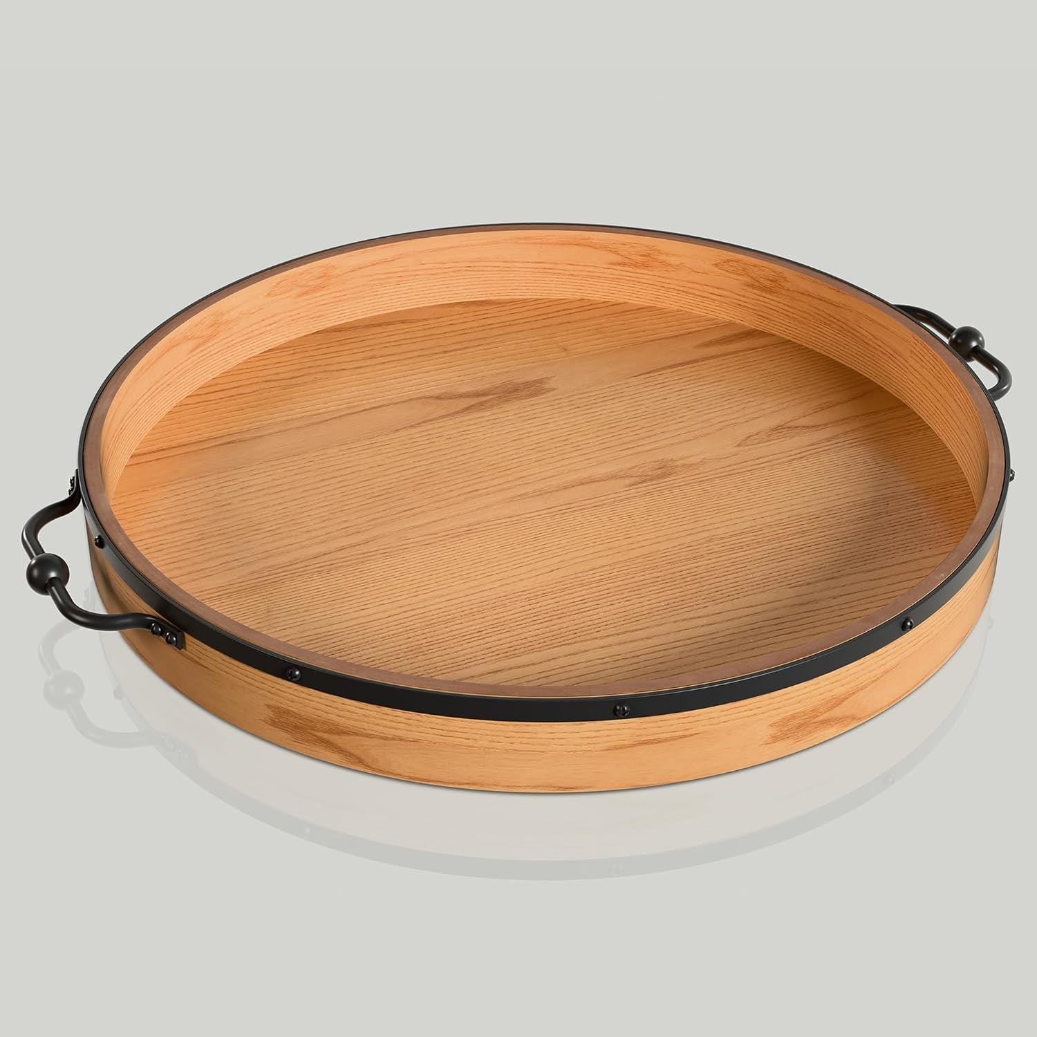 Large Round Ottoman Tray - 22'' Farmhouse Wood Serving Tray with Metal ...