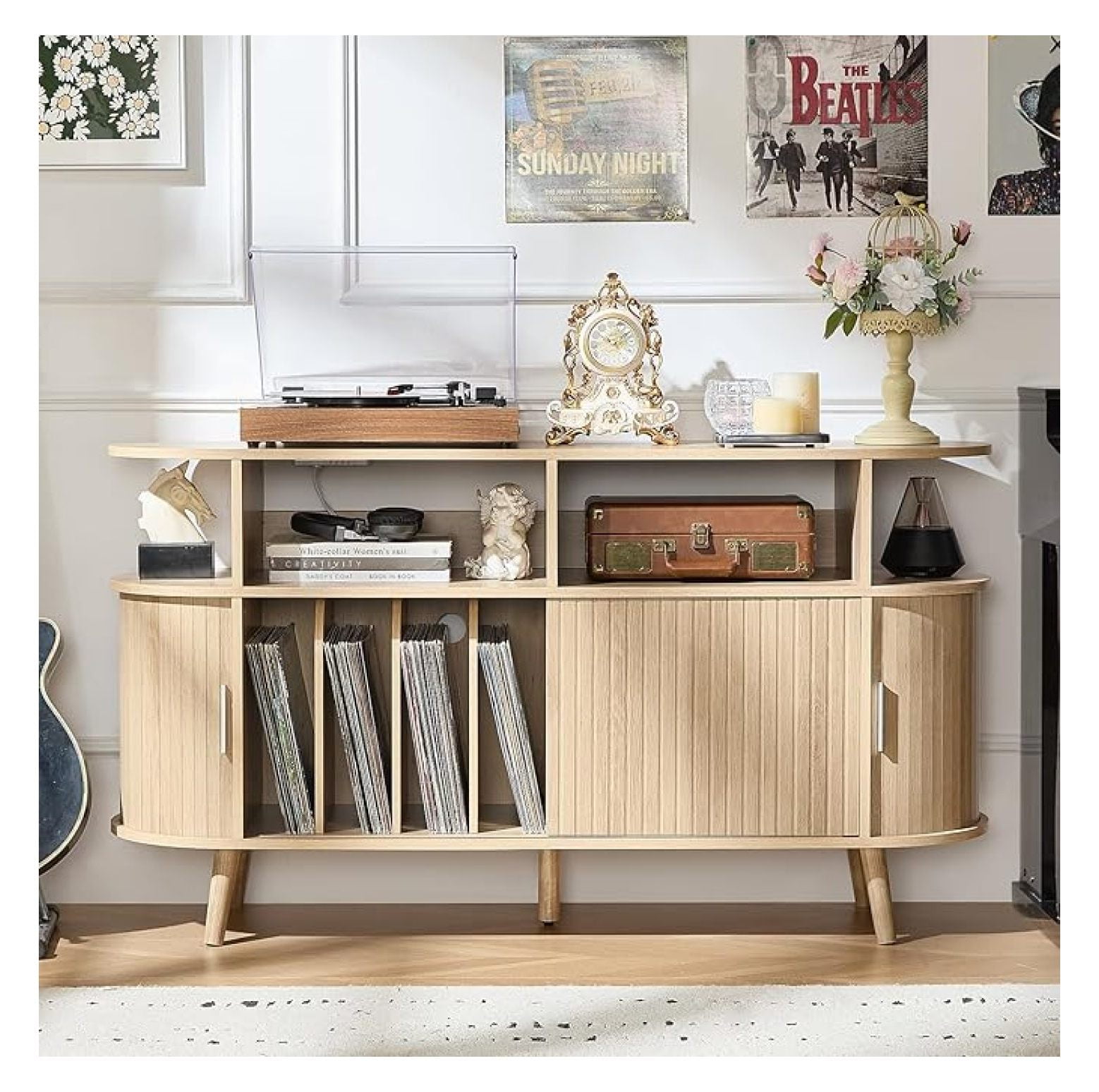 Large Round Record Player Stand with Charging Station & Fluted Panel ...