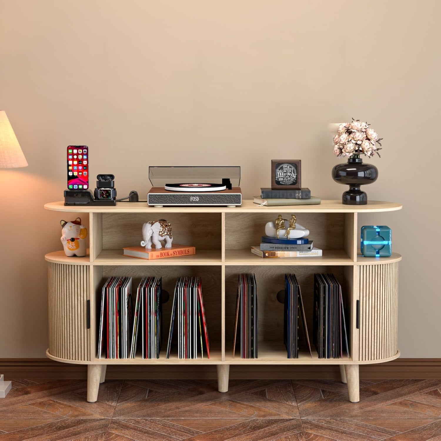 Large Round Record Player Stand with Charging Station & USB Ports，Record Storage Cabinet, Mid ...