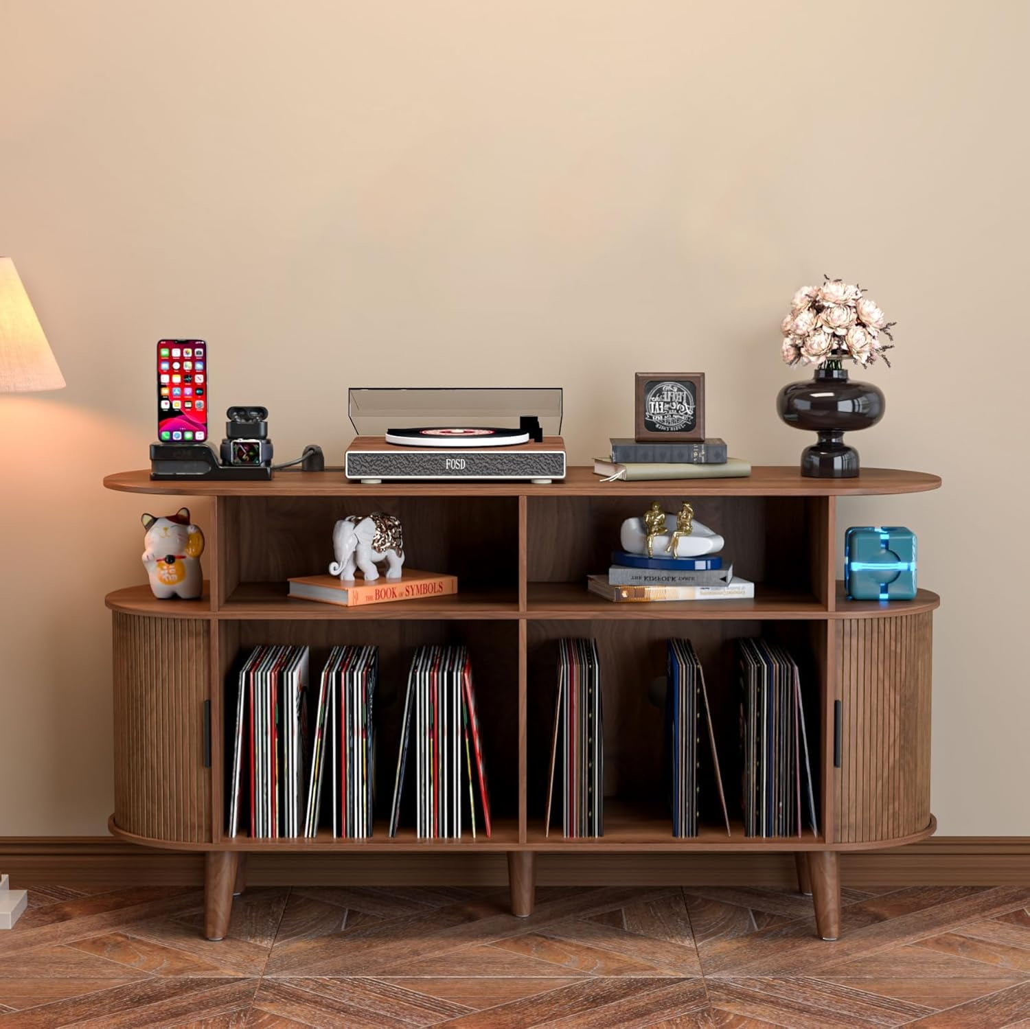 Large Round Record Player Stand with Charging Station & USB Ports ...