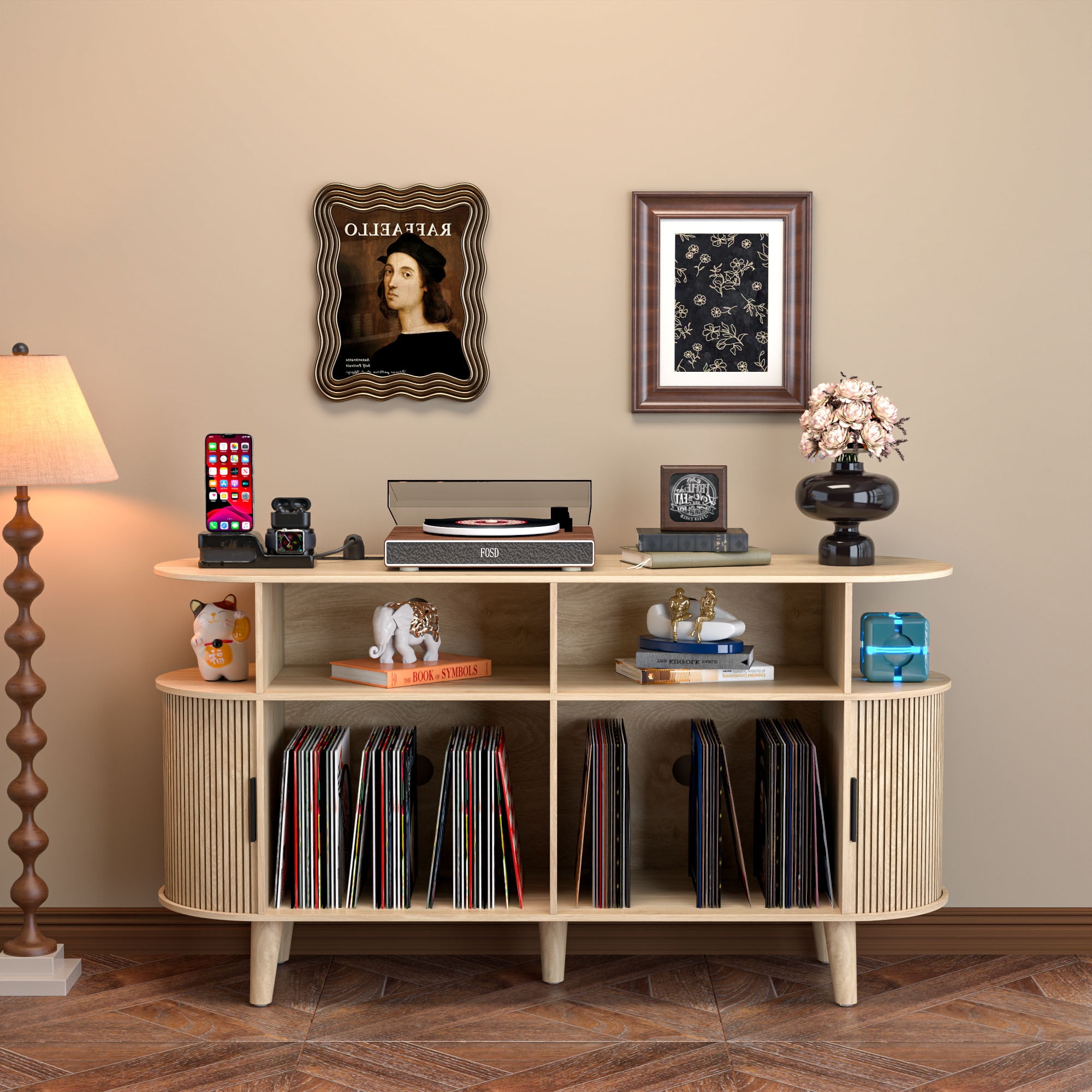 Large Round Record Player Stand with Charging Station & USB Ports ...