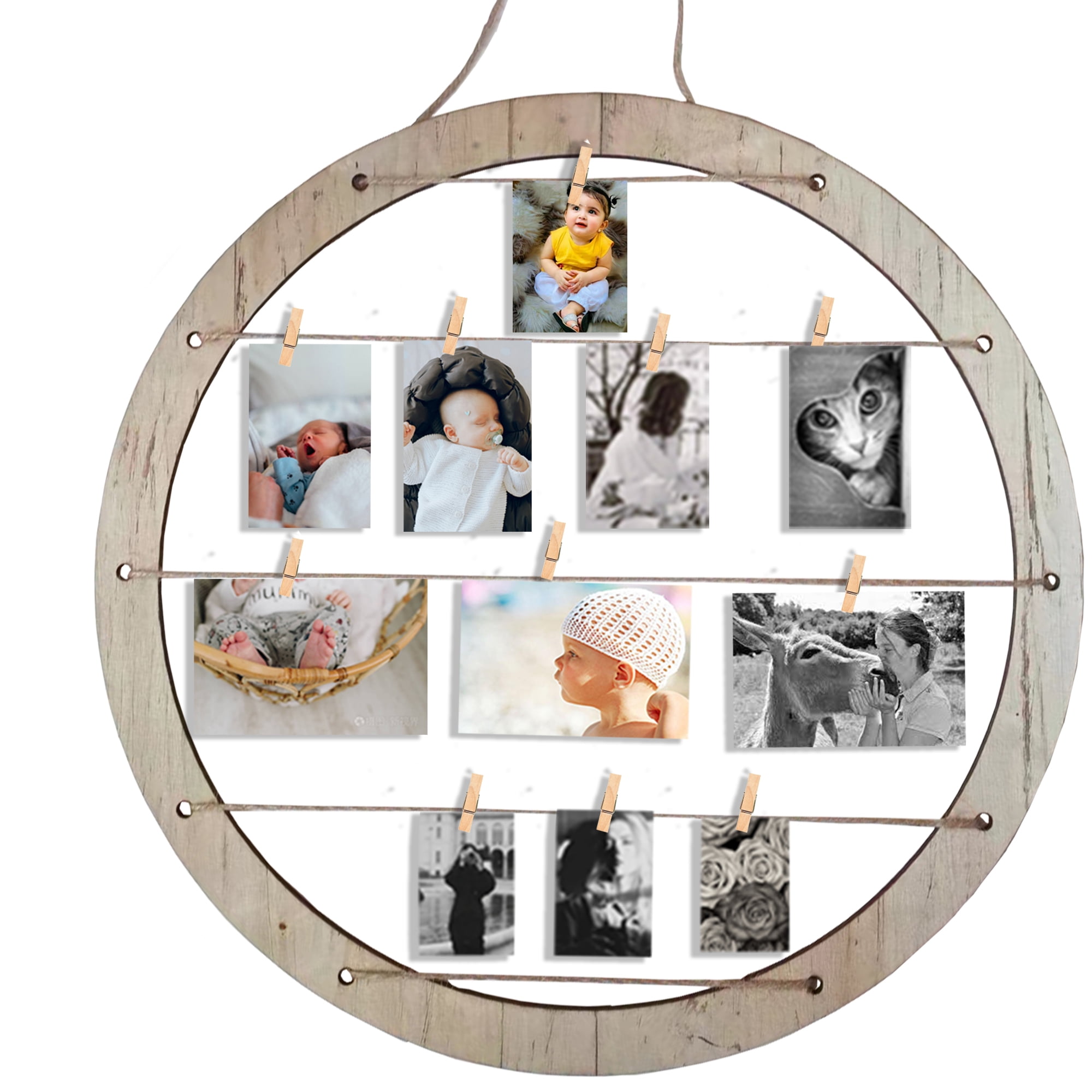 Large Round Wooden Multi-Picture Display Frame with Clips for Wall ...