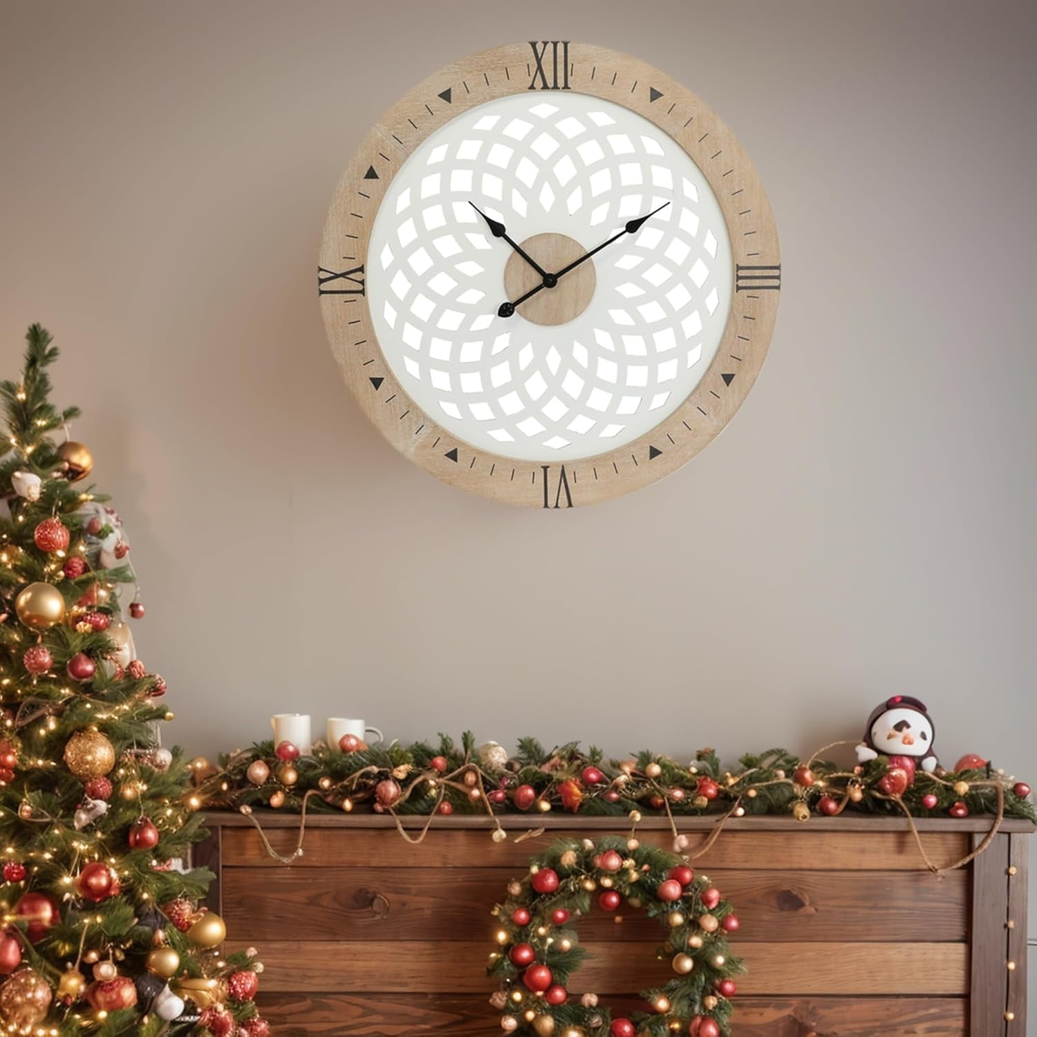 Large Round Wooden Roman Numeral Farmhouse Wall Clock - 30 Inch ...