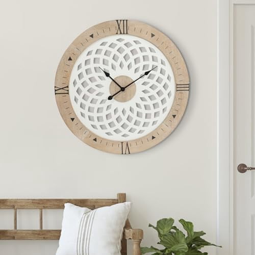 Large Round Wooden Roman Numeral Farmhouse Wall Clock - 30 Inch ...