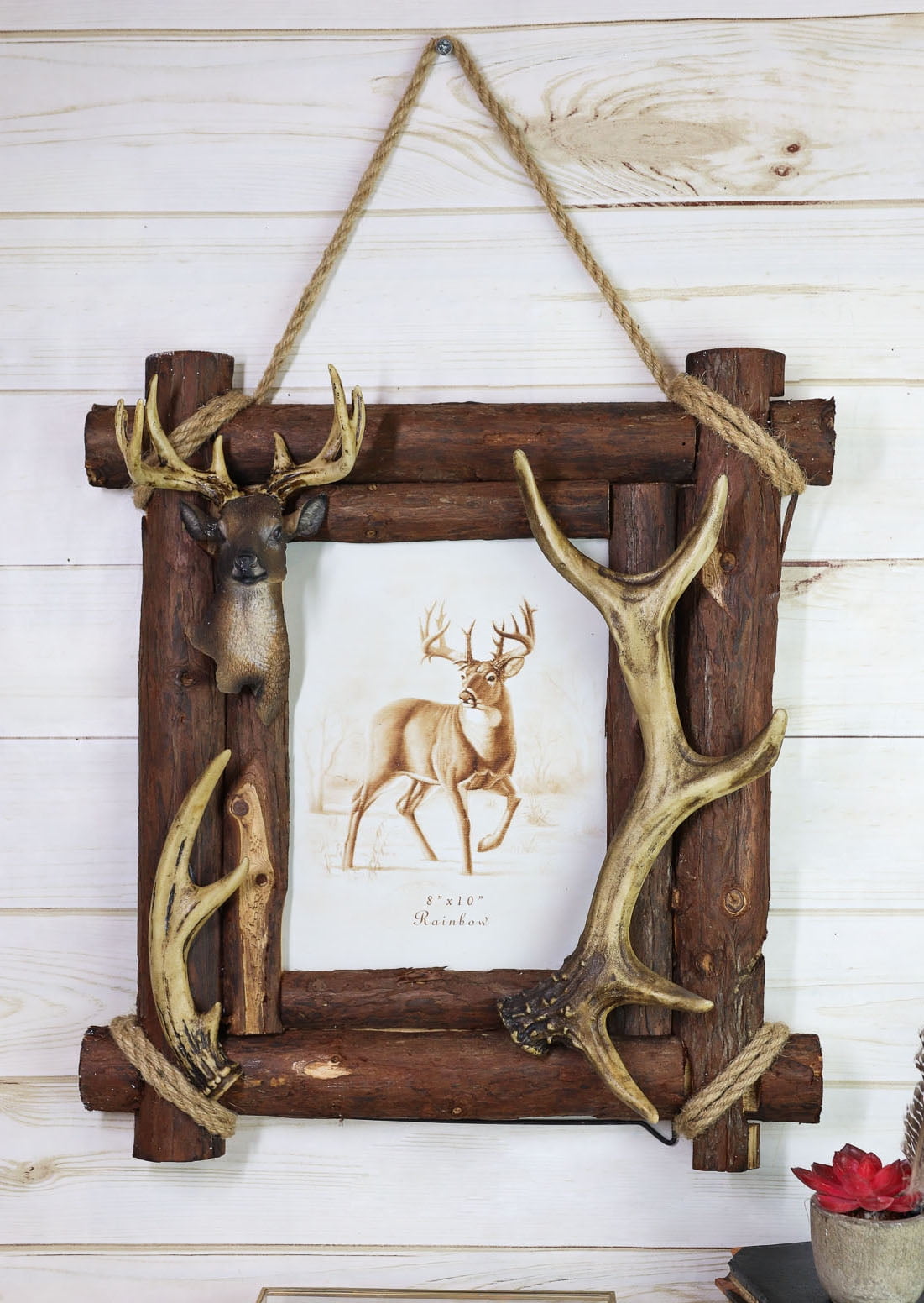 Large Rustic Buckhorn Stag Deer Antlers With Wooden Logs 8"X10" Photo ...