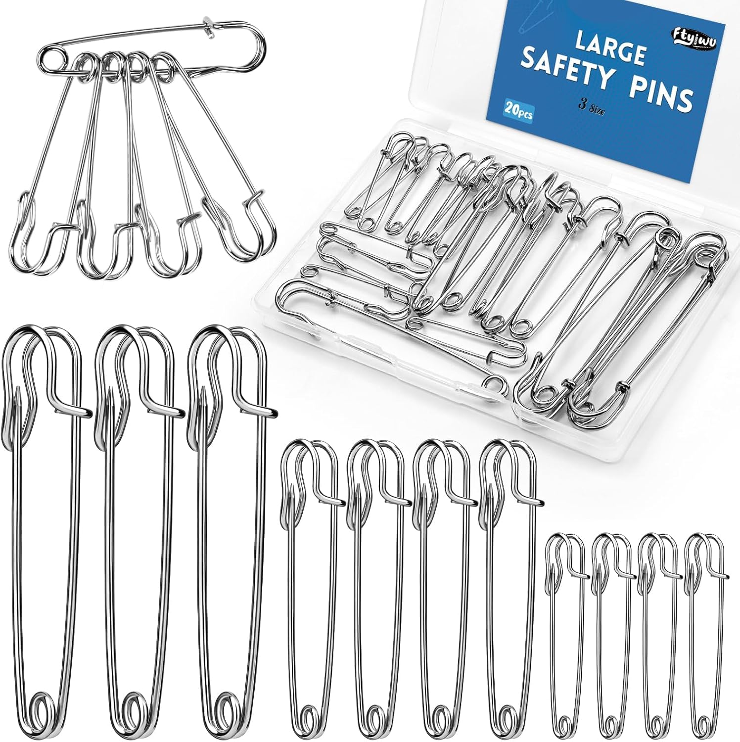 Large Safety Pins, 20 Pack Heavy Duty Safety Pins 3 Size 2" 3" 4 ...