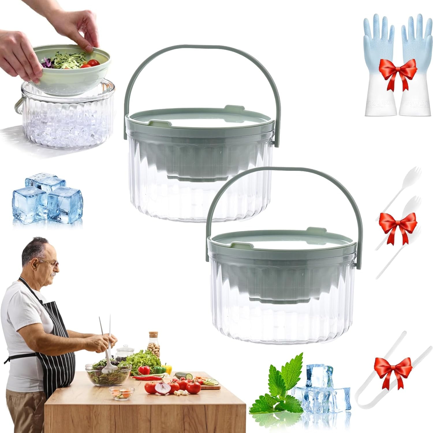 Large Salad Bowl with Ice Chiller, Base and Lid Salad Cold Bowl ...