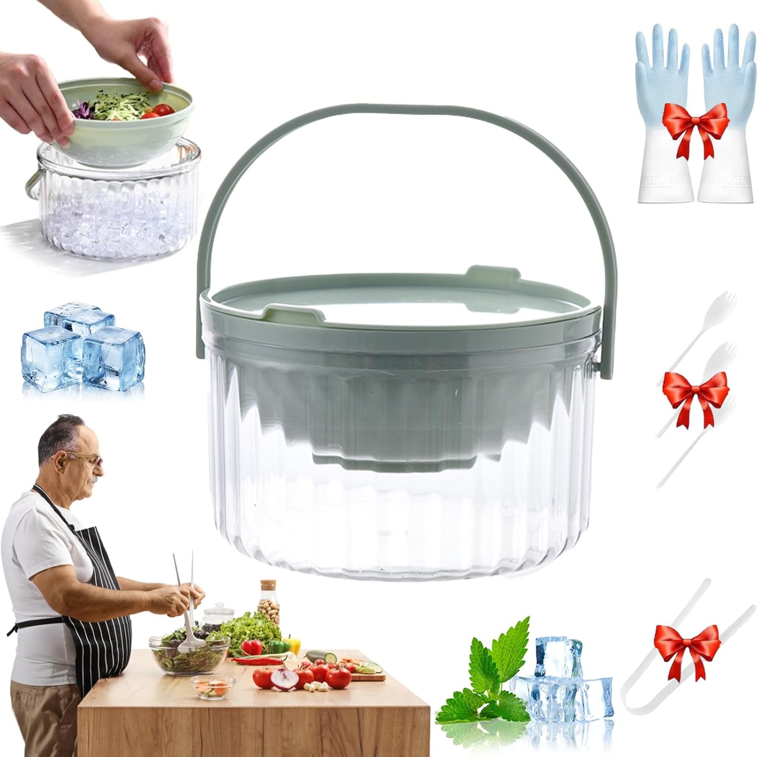 Large Salad Bowl with Ice Chiller, Base and Lid Salad Cold Bowl ...