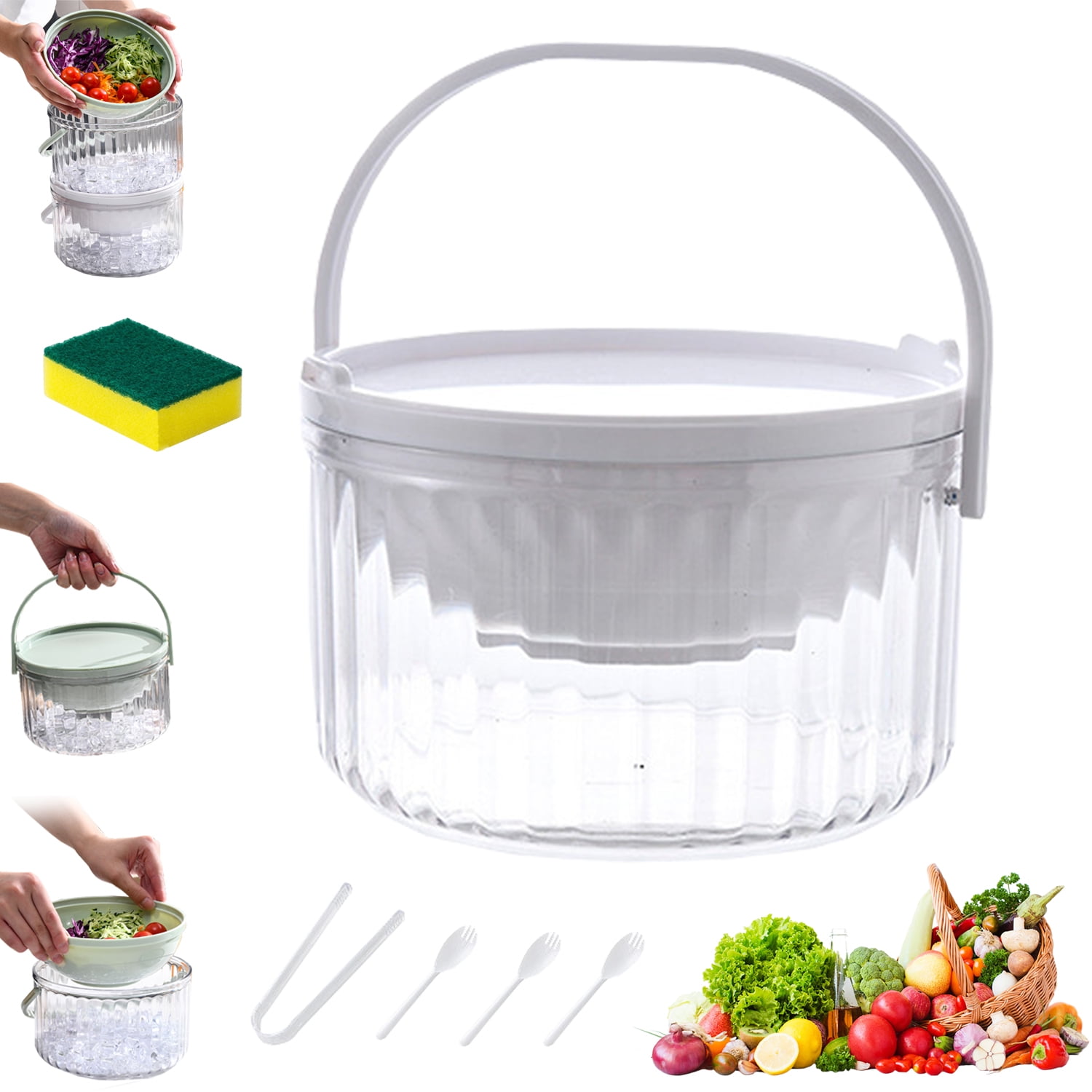 Large Salad Bowl with Ice Chiller, Serving Bowl, Base and Lid Salad ...