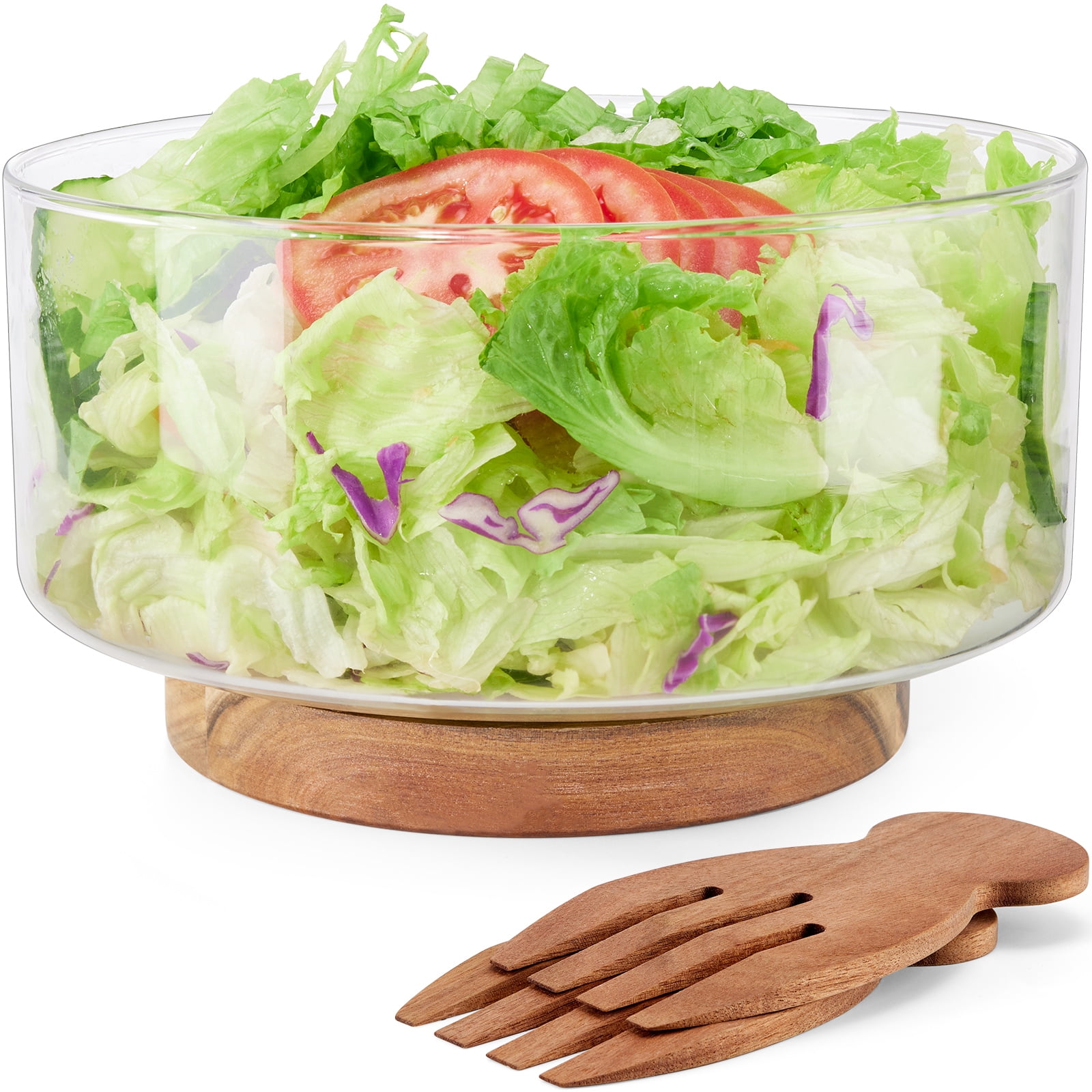 Large Salad Bowl Set, Glass Salad Bowl with Acacia Wood Base and Salad ...