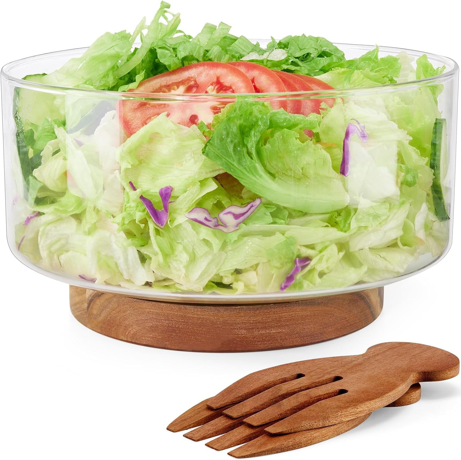 Large Salad Bowl Set, Glass Salad Bowl with Acacia Wood Base and Salad ...