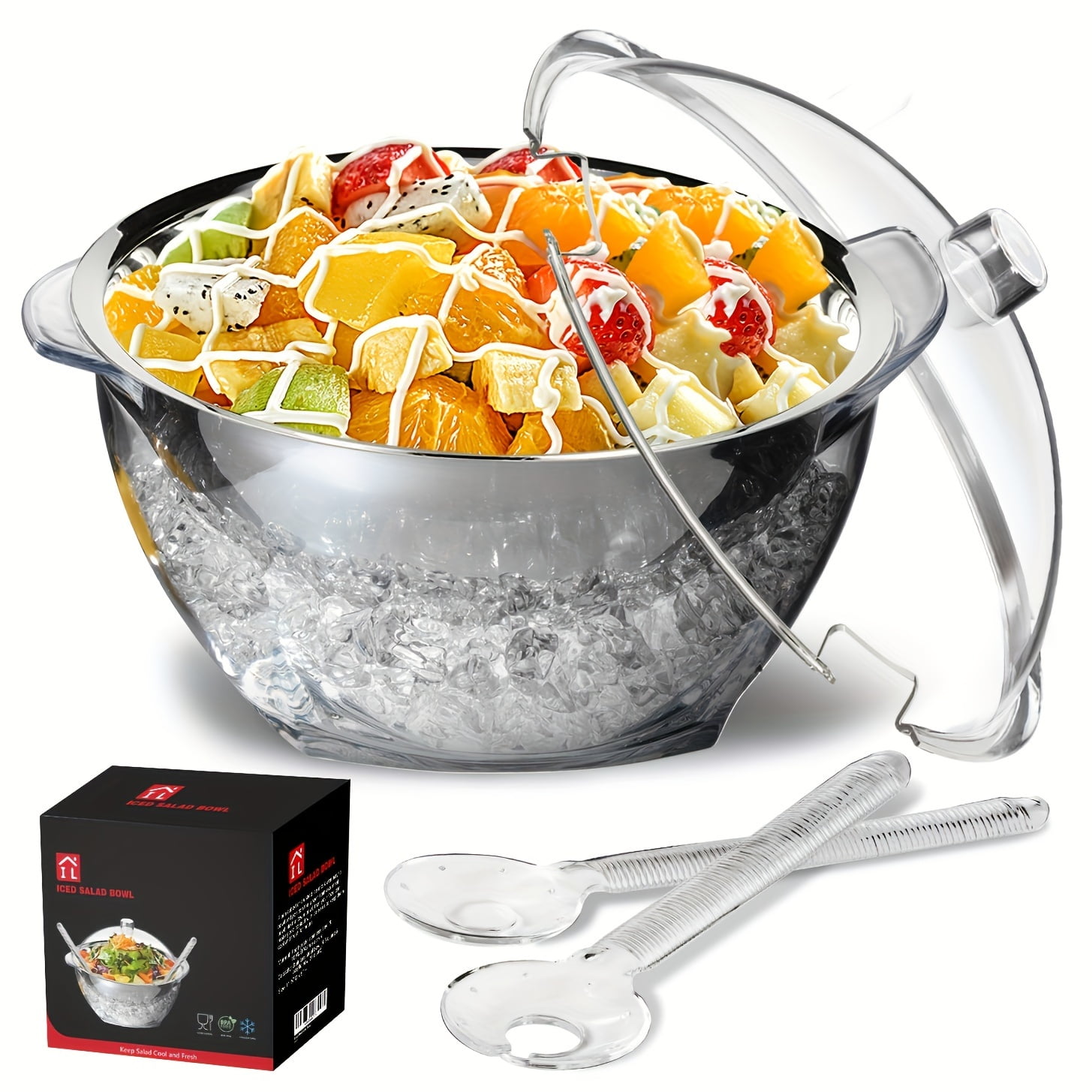 Large Salad Bowl With Ice Chiller Base And Lid, Kitchen Refrigerated Veggie Tray With Two Long ...