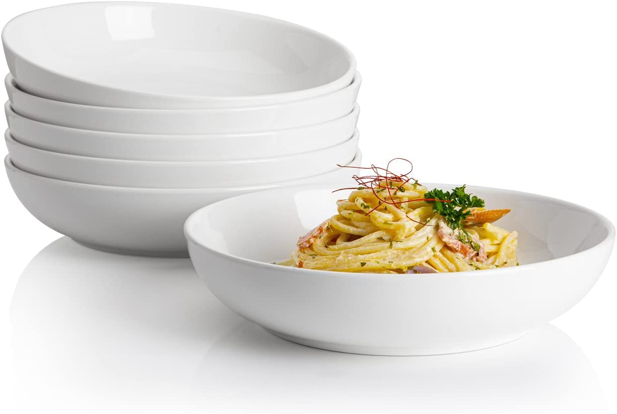 Large Salad Serving Bowls, 30 Ounce Porcelain White Pasta Plates Set of ...