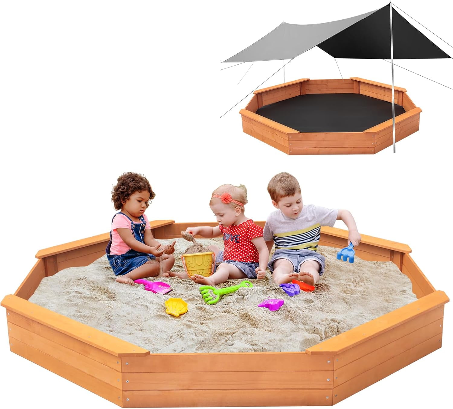Large Sandbox with Lid, Outdoor Octagon Sandbox with Cover, Wood Large ...