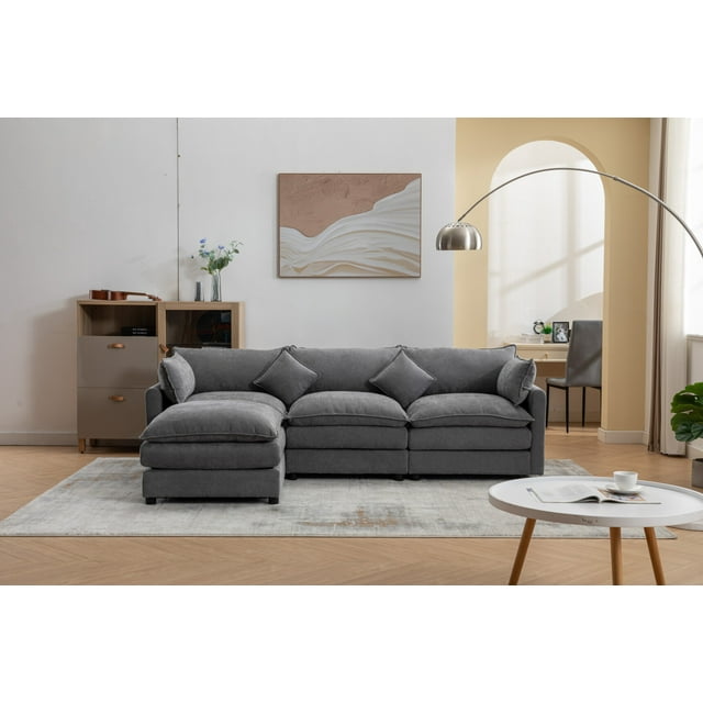 Large Sectional L-Shaped Sofa with Ottoman, 3-Seater Overstuffed Sofa with Memory Foam, Modern ...