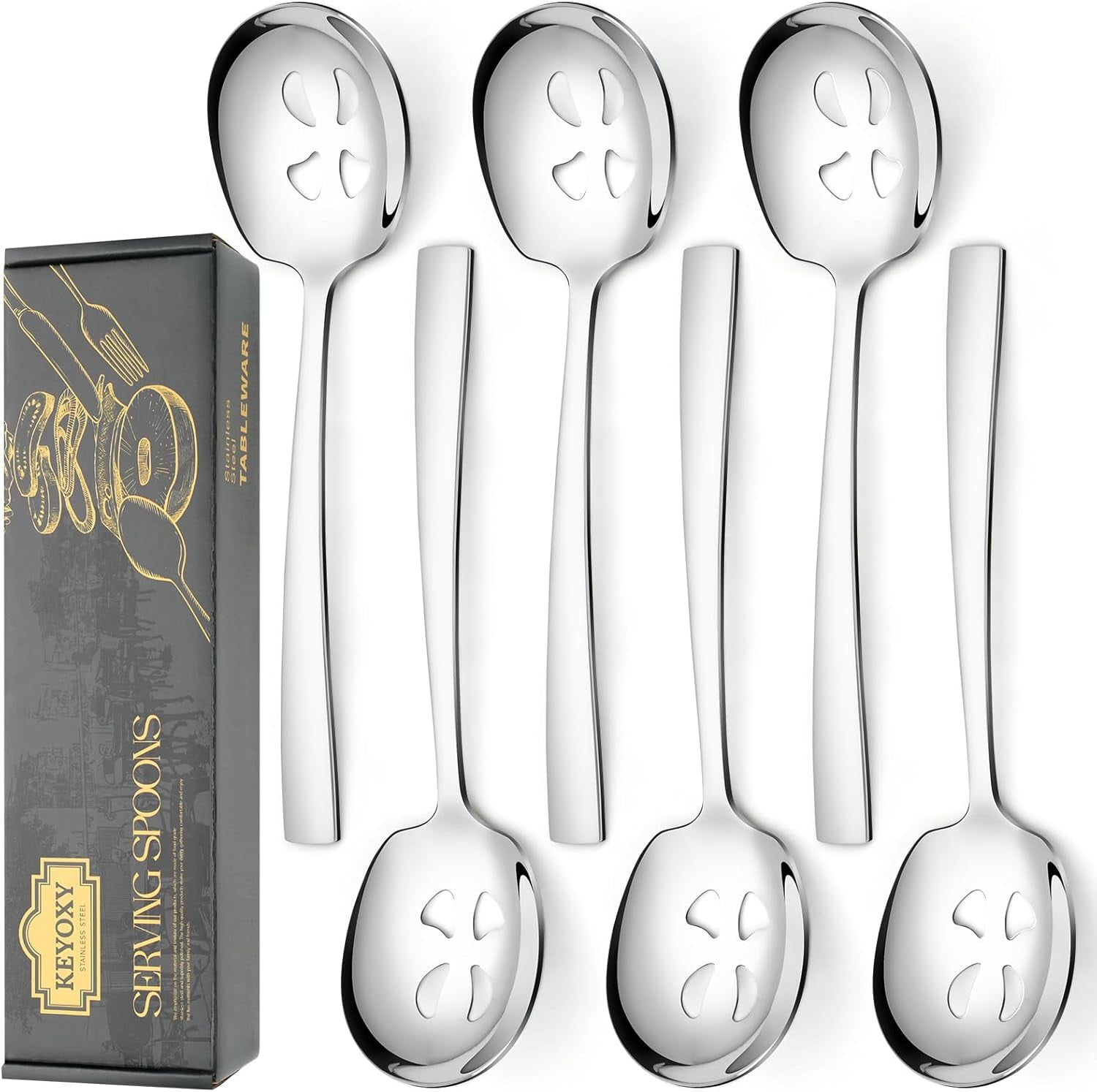 Large Serving Spoons Set - 6 Pieces Stainless Steel Includes Slotted ...