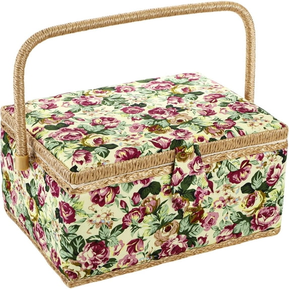Large Sewing Basket Box with Removable Tray, Rose Floral Print Design ...