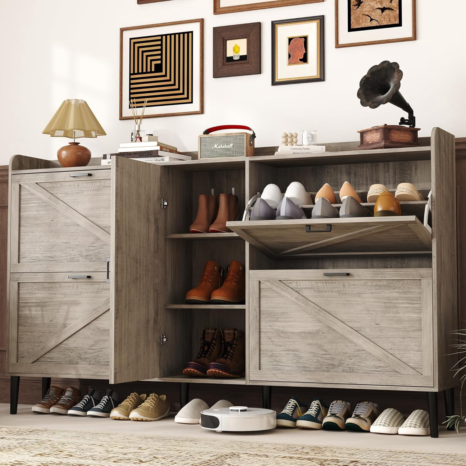 Large Shoe Cabinet with 4 Flip Drawers, Farmhouse Narrow Shoe Organizer ...
